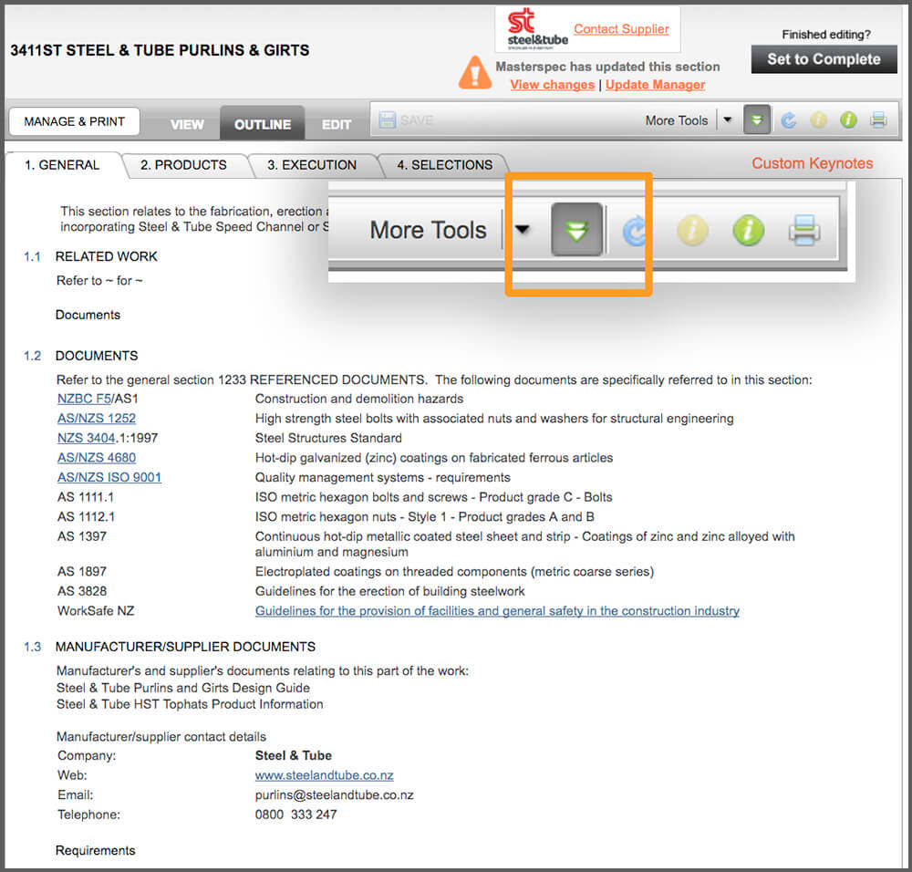 Open a specification section for editing - Masterspec